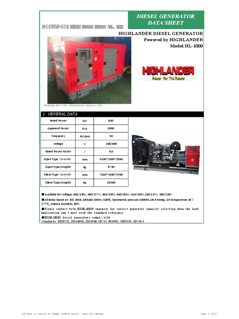 Diesel Generator Data Sheet: Highlander Diesel Generator Powered by ...