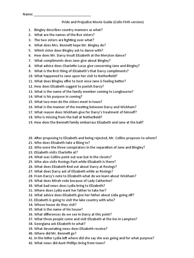 Pride & Prejudice Movie Quiz Guide | PDF | Mr. Darcy | Pride And Prejudice