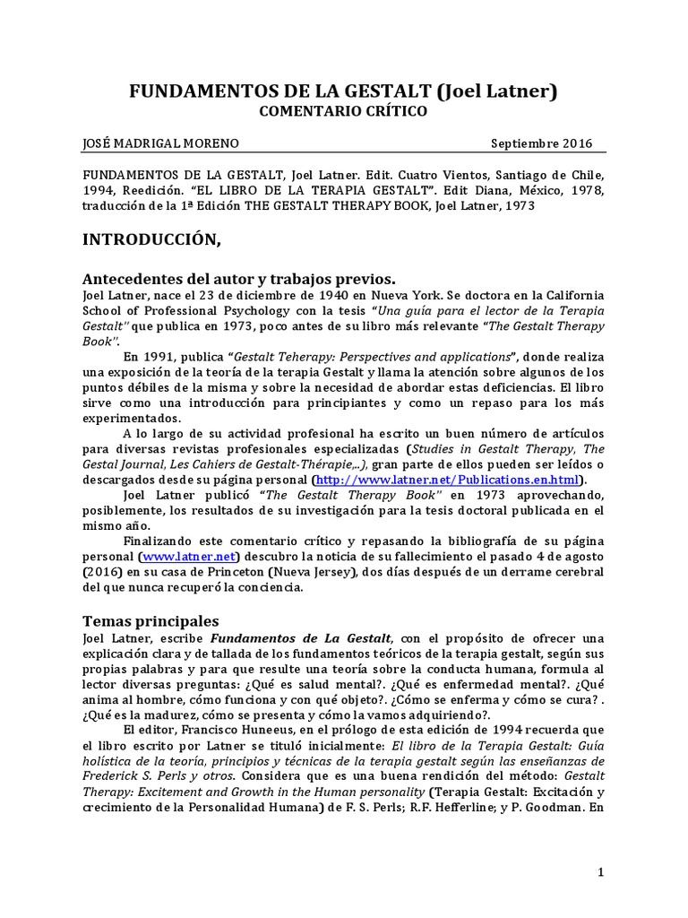 FUNDAMENTOS DE LA GESTALT - Joel Latner - Comentario Crítico | PDF ...