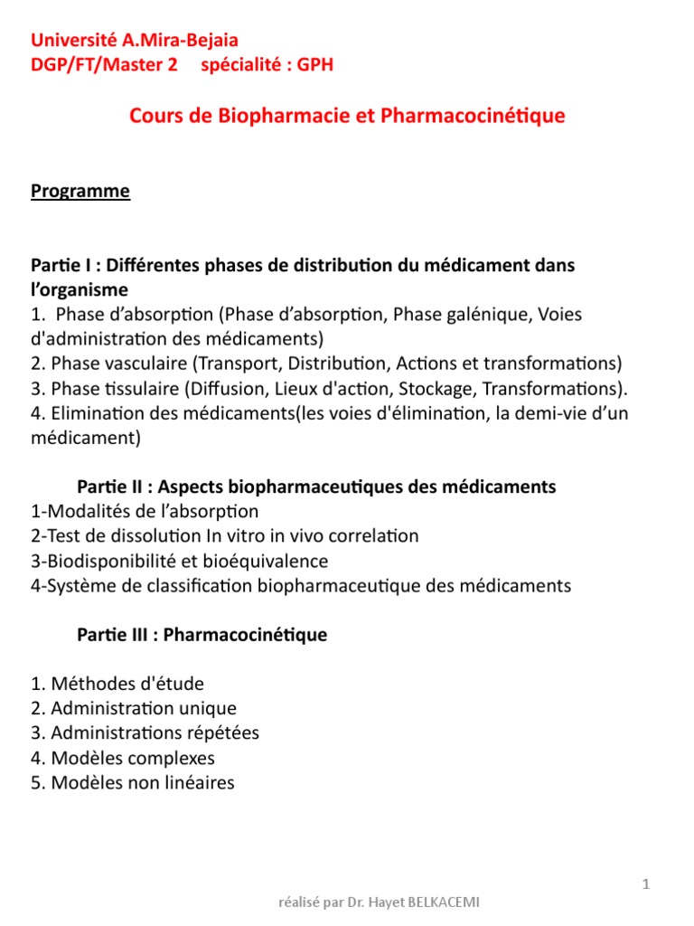Cours Biopharmacie Et Pharmacocinétique | PDF | Pharmacocinétique ...