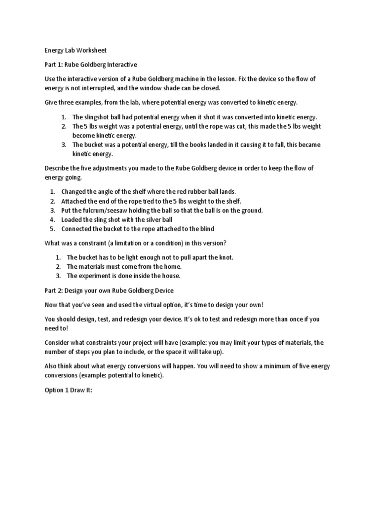 Energy Lab Worksheet | PDF | Kinetic Energy | Potential Energy