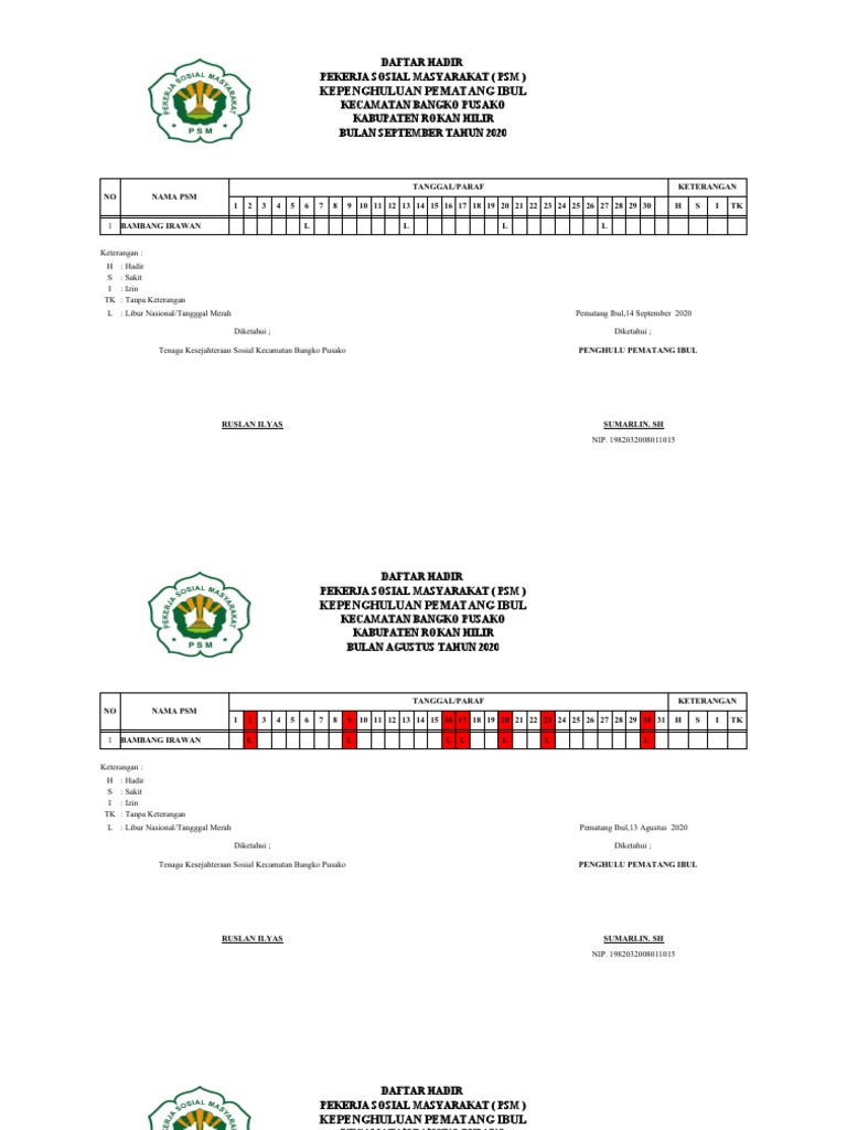 Absensi PSM & TKSK Contoh | PDF