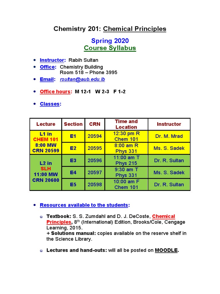 Chemistry 201: Chemical Principles: Course Syllabus | Download Free PDF ...