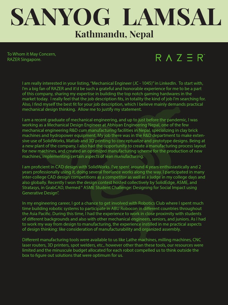 Cover Letter - Razer | PDF | Engineering | 3 D Printing