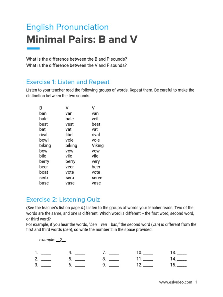 B and V Minimal Pairs Exercises | PDF | Human Communication | Communication