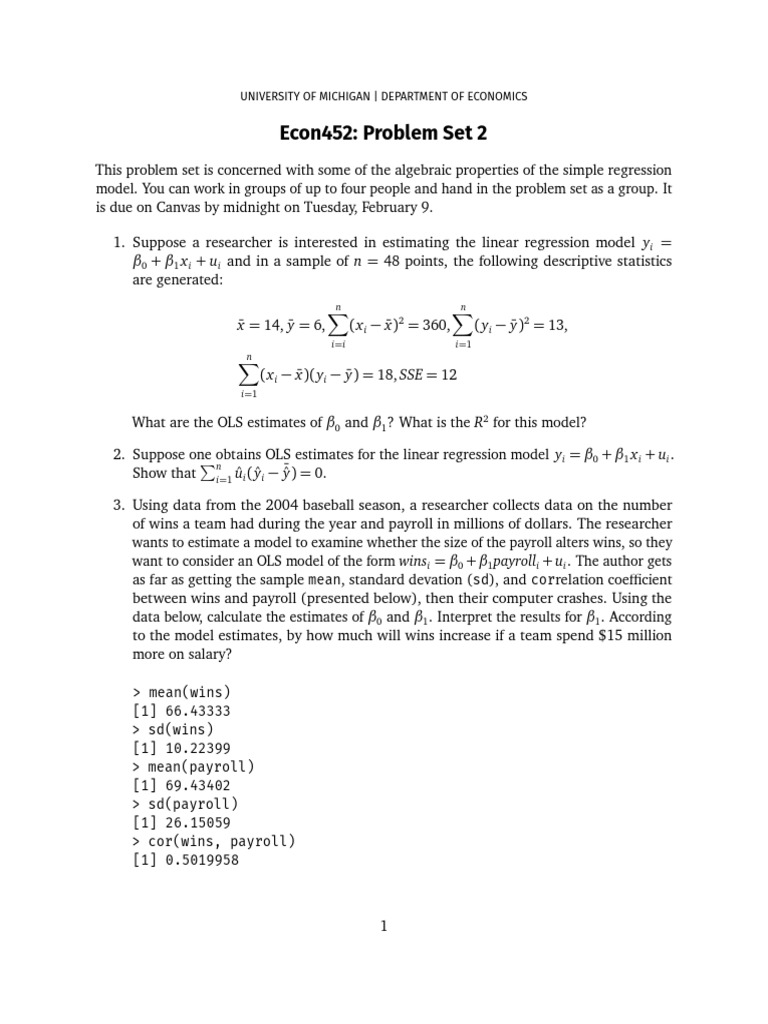 Econ452: Problem Set 2: University of Michigan - Department of Economics | PDF | Errors And ...