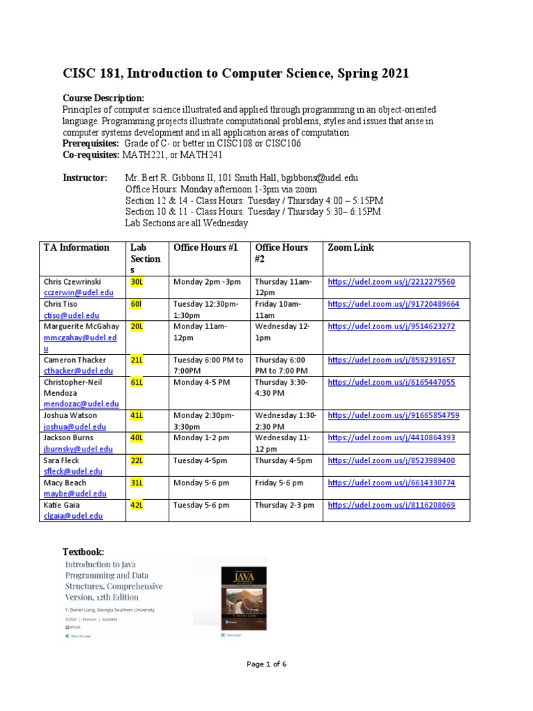 CISC181 Student-Syllabus | PDF | Class (Computer Programming) | Poker