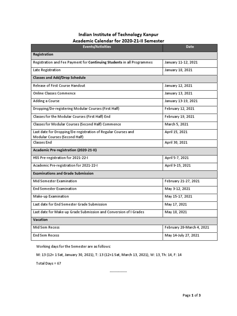 IIT Kanpur 2020-21 Academic Calendar | PDF | Academic Term | Academia