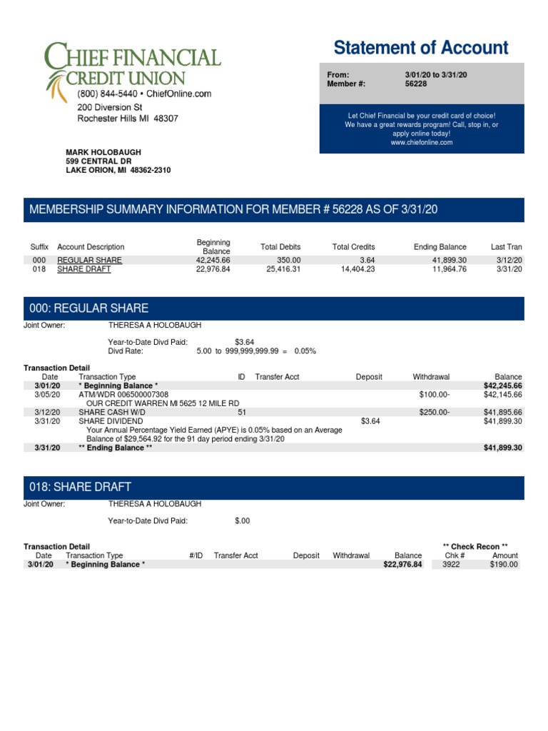 Statement of Account: Membership Summary Information For Member # 56228 ...