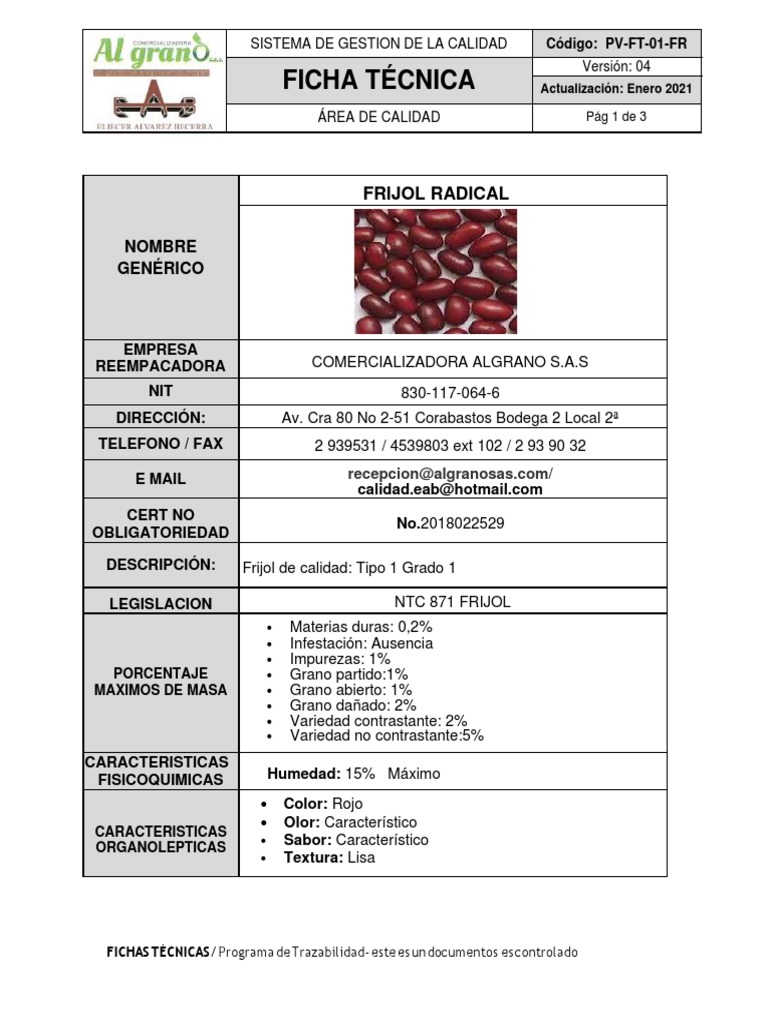 FT Frijol Radical ALGRANO | PDF | Comida y bebida | Nutrición