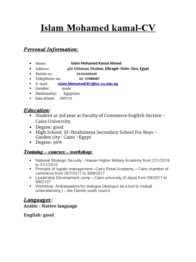 Islam .CV Form1 | PDF | Cairo | Egypt
