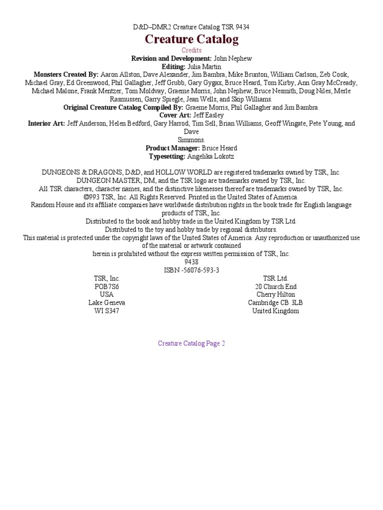 DMR2 Creature Catalog | PDF | Tsr, Inc. | Dungeons & Dragons