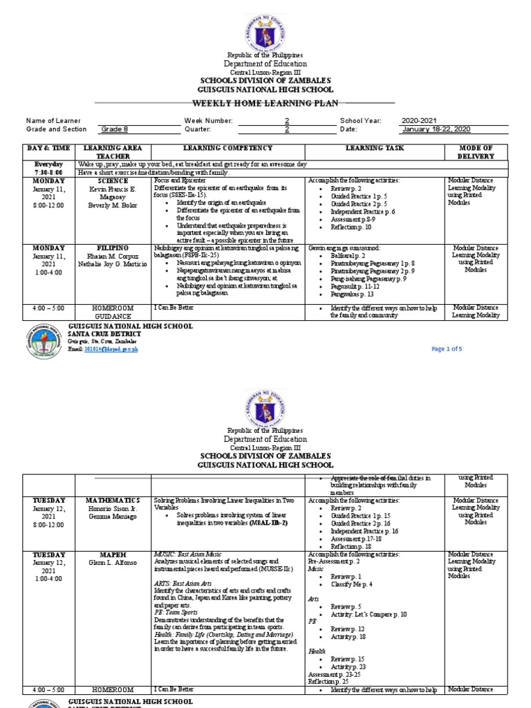 Grade 8 Weekly Learning Plan | PDF | Learning