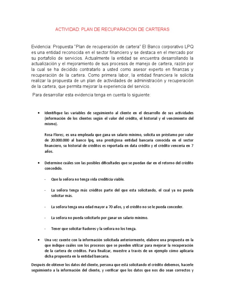 Actividad Plan de Recuperacion de Carteras | PDF | Bancos | Economias