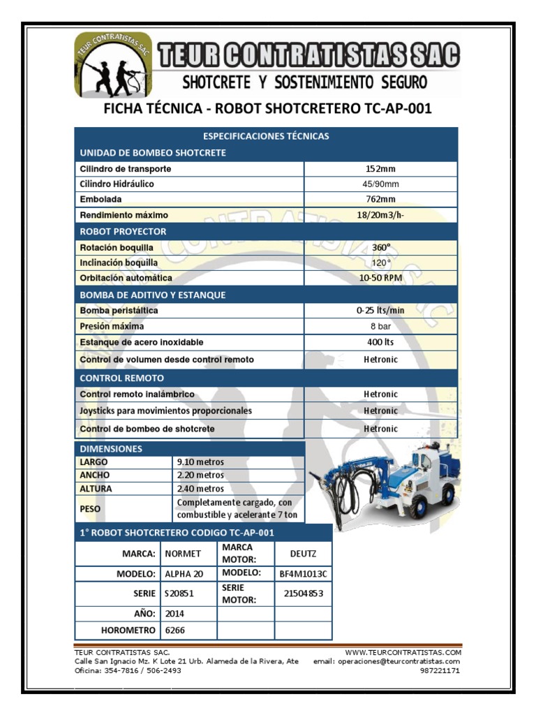 Ficha Técnica de Robot Shotcretero Alpha 20 - 2014 | PDF