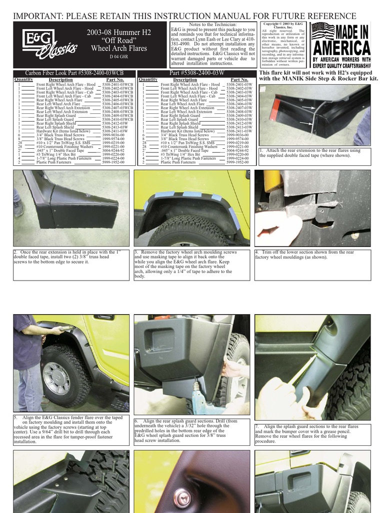 03 08 Hummer H2 Carbon Fender Flares Installation Manual | PDF | Business