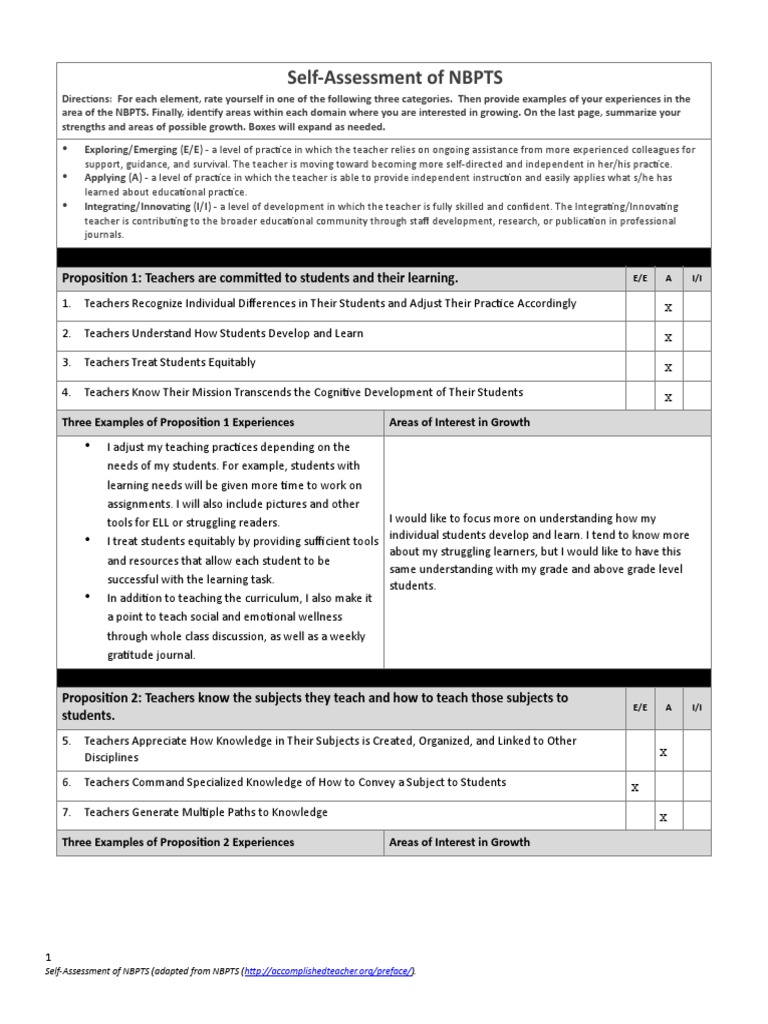 Nbpts Self Assessment | PDF | Teachers | Curriculum