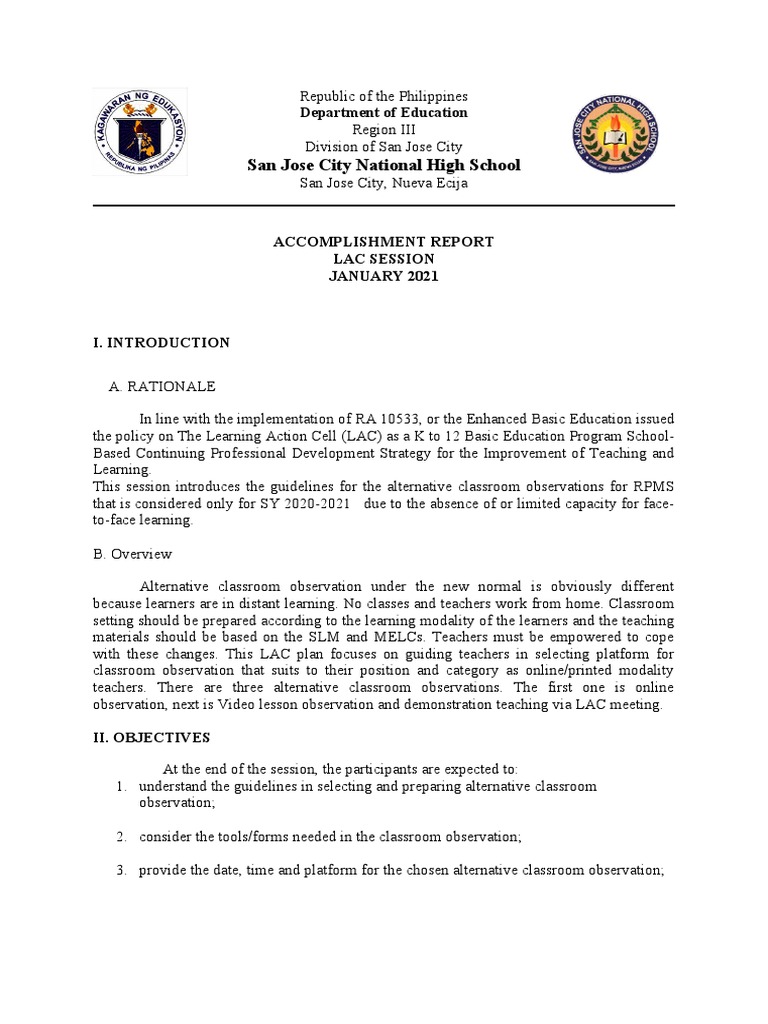 ACCOMPLISHMENT REPORT For LAC Session January | PDF | Classroom | Learning