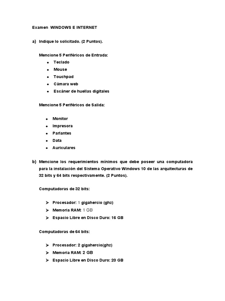 Examen WINDOWS E INTERNET2 | PDF | Periférico | Windows 10