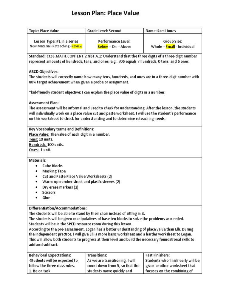 Lesson Plan: Place Value: New Material - Reteaching - Review | PDF ...