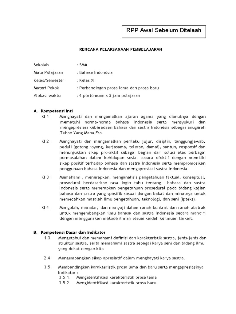 RPP Prosa Lama Dan Prosa Baru | PDF
