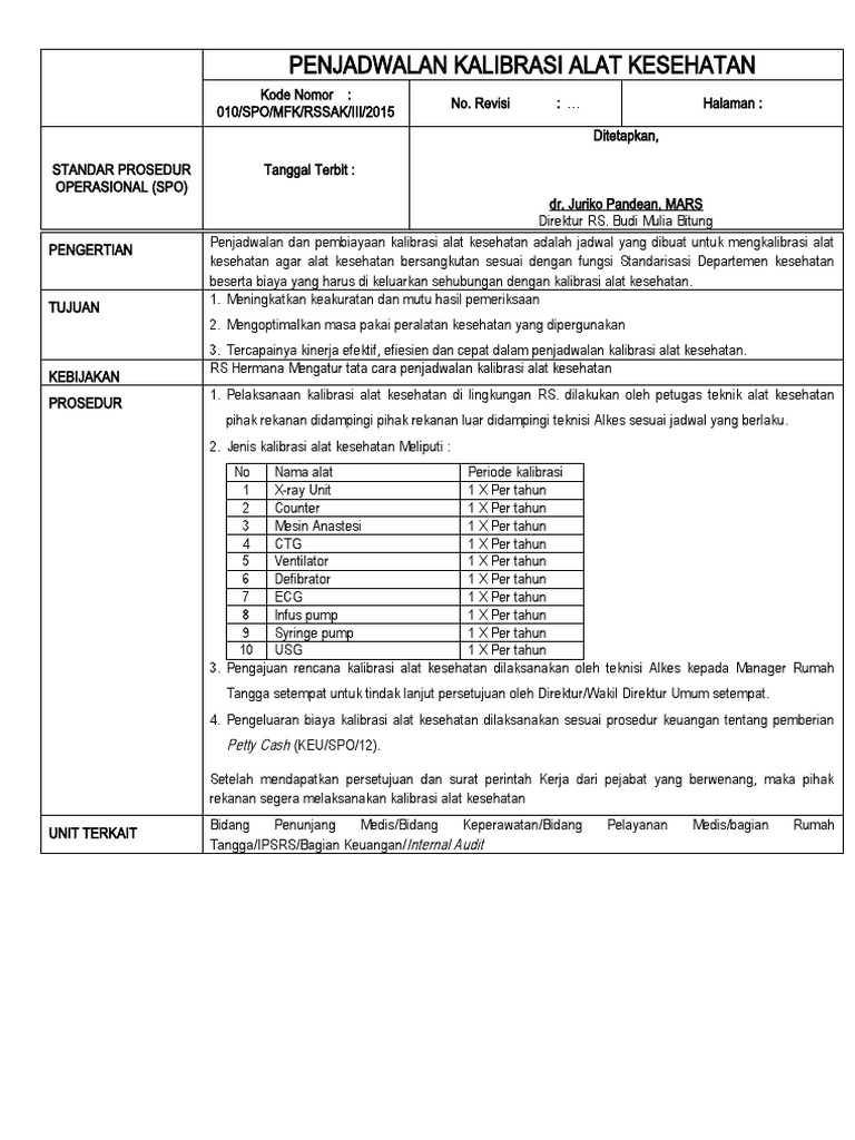 SPO Jadwal Kalibrasi ALKES | PDF