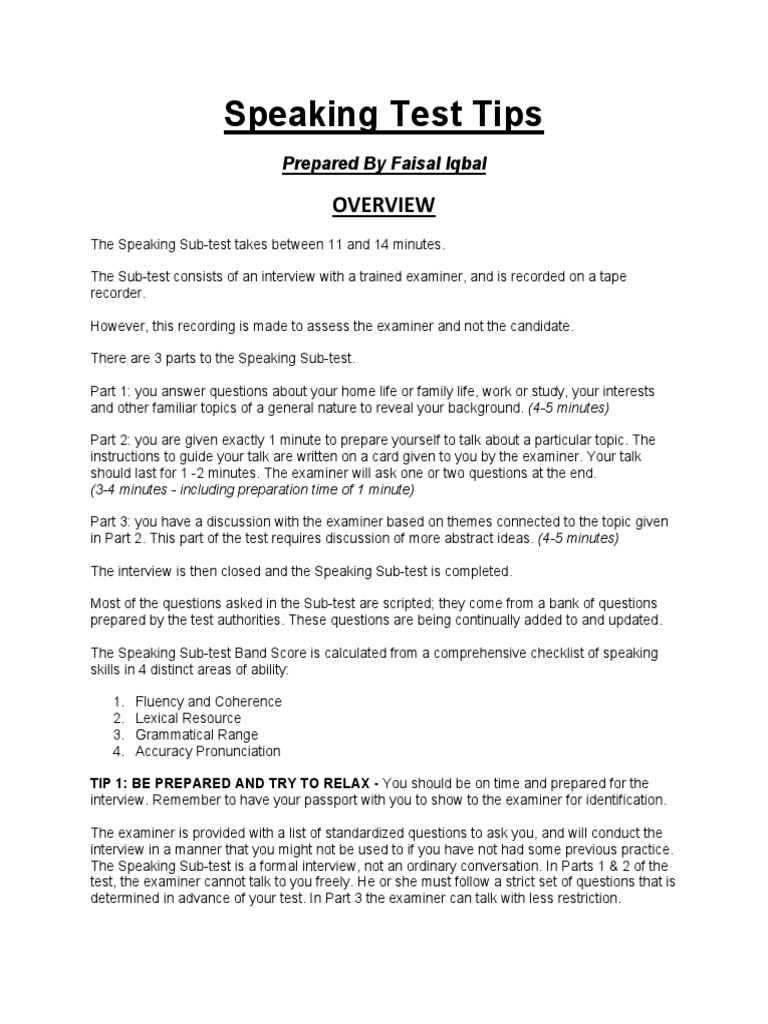 Speaking Test Tips: Prepared by Faisal Iqbal | PDF | Career & Growth ...