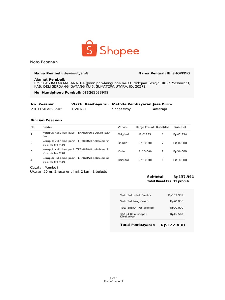 Contoh Invoice Shopee | PDF