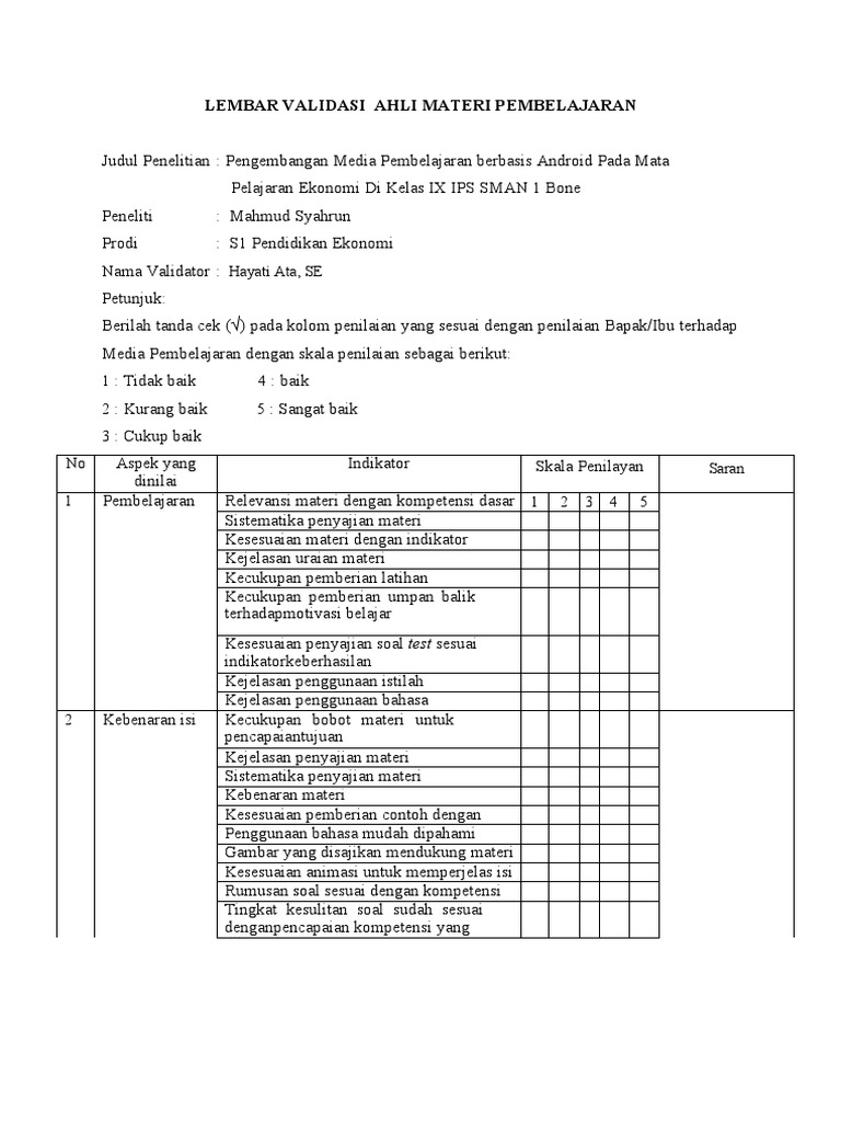 Lembar Validasi Ahli Materi Pembelajaran | PDF