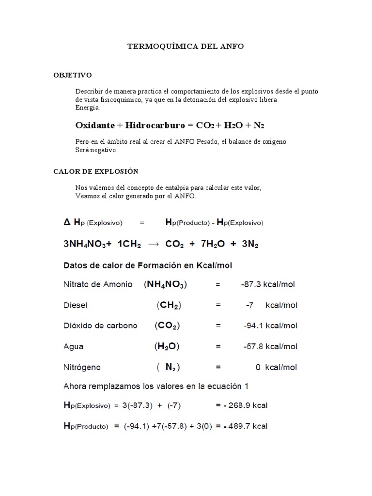 Termodinámica del ANFO y su Balance de Oxígeno | PDF | Química ...