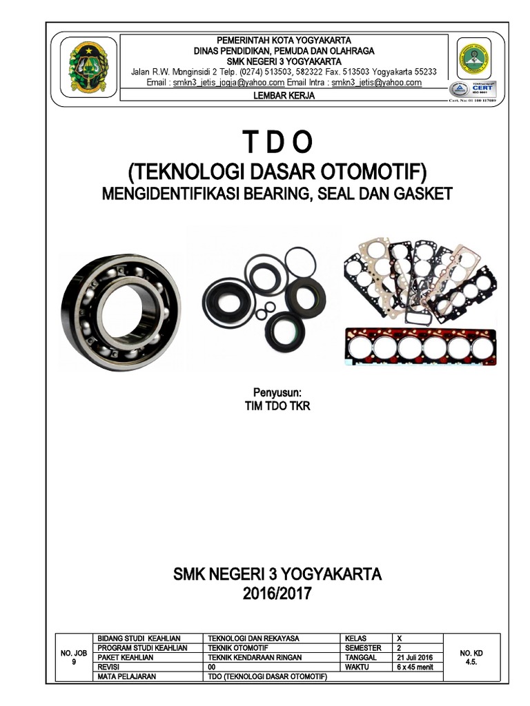 Job Sheet TDO 9 Mengidentifikasi Bearing, Seal Dan Gasket | PDF