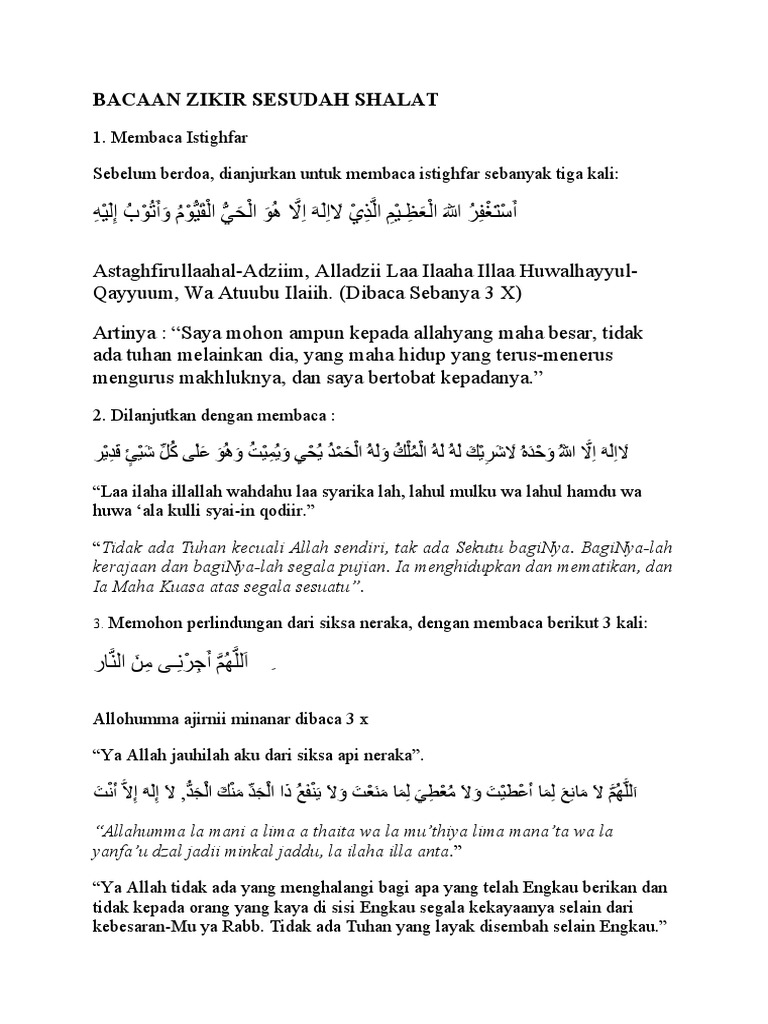 BACAAN ZIKIR SESUDAH SHALAT | PDF