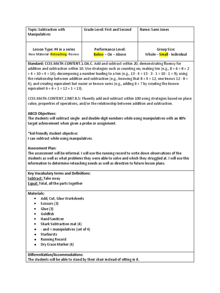 Subtraction Strategies with Manipulatives | PDF | Lesson Plan ...