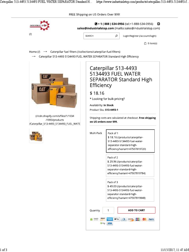 Caterpillar 513-4493 5134493 FUEL WATER SEPARATOR Standard High Effici ...