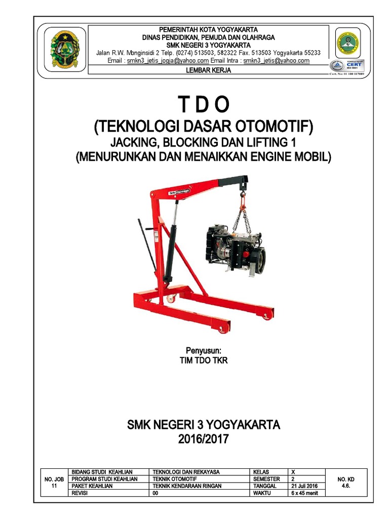Job Sheet TDO 11 Jacking, Blocking Dan Lifting 1 (Menurunkan Dan Menaikkan Engine Mobil) | PDF