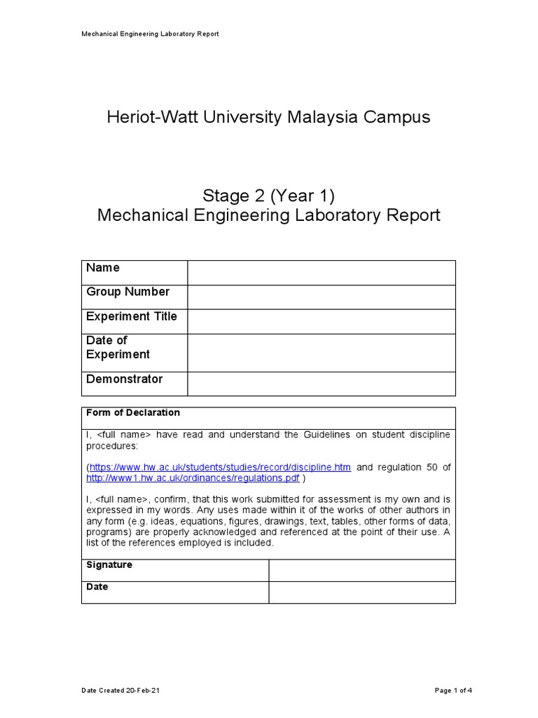 1st Year Report Template - For Mech Eng Students | PDF | Experiment ...