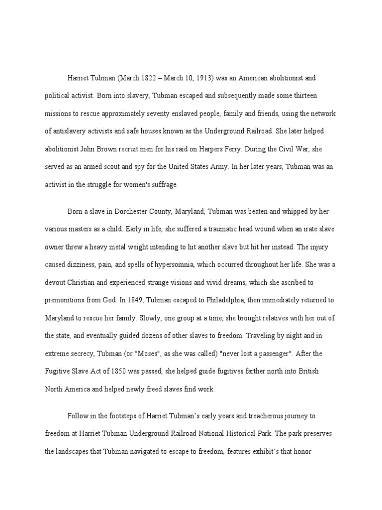 Harriet Tubman Essay English | PDF