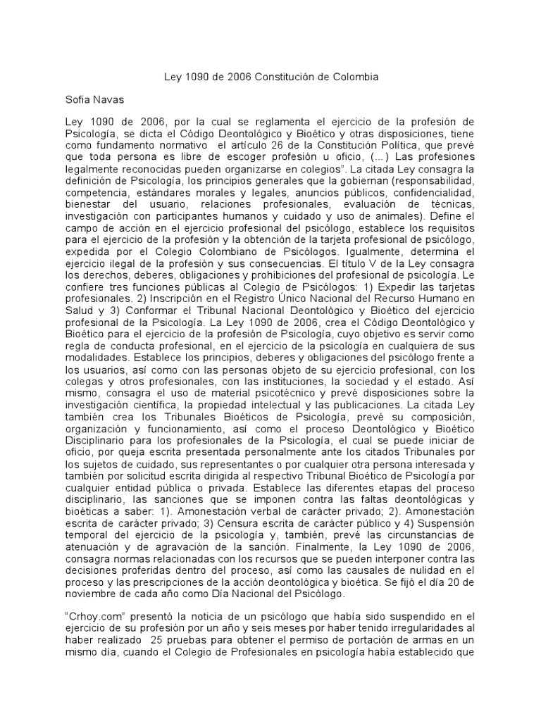 Ley 1090 de 2006 Constitución de Colombia | PDF | Sicología | Justicia