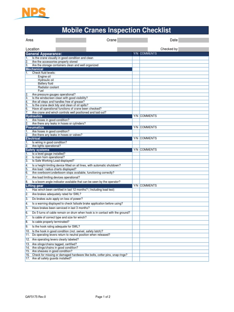 QAF5175 Rev 0 Crane - Inspection - Checklist | PDF