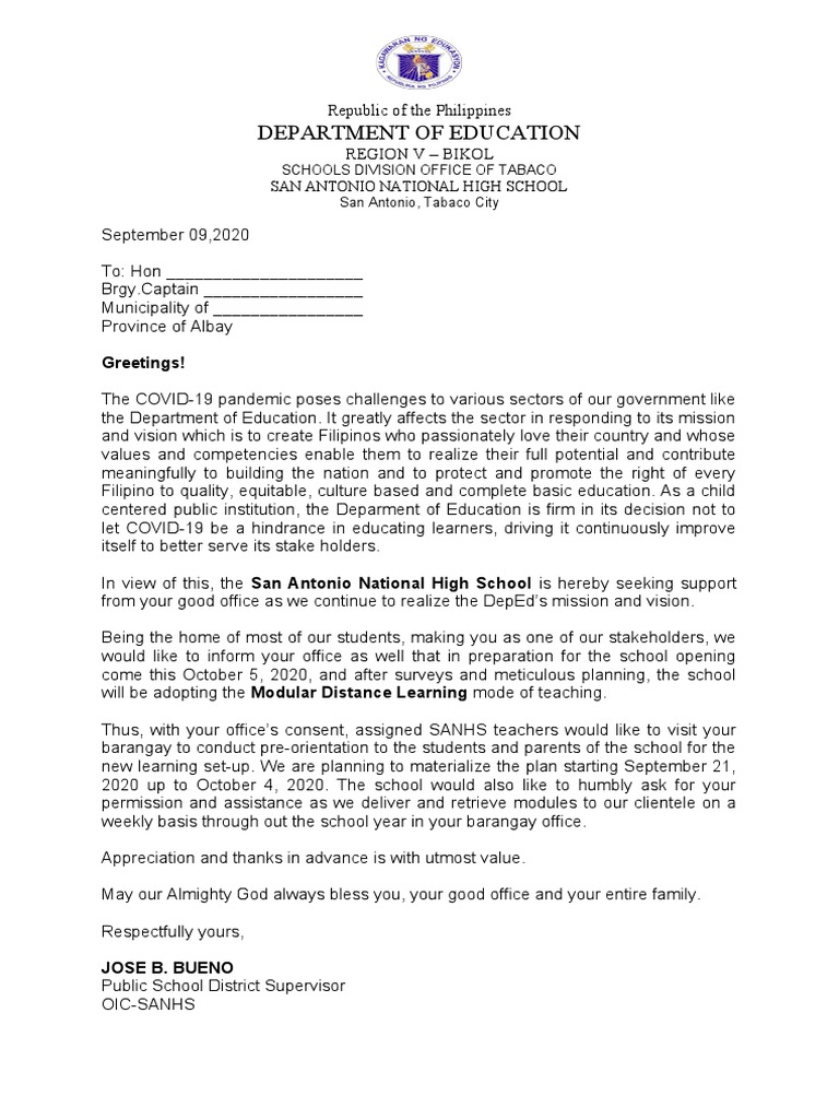 Letter For The Barangay Republic of The Philippines | PDF