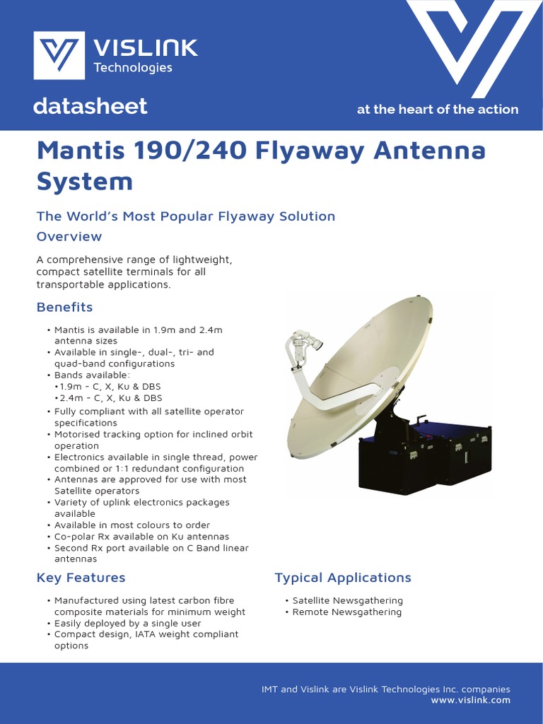 Mantis 190/240 Flyaway Antenna System: Datasheet | PDF | Satellite Television | Broadcasting