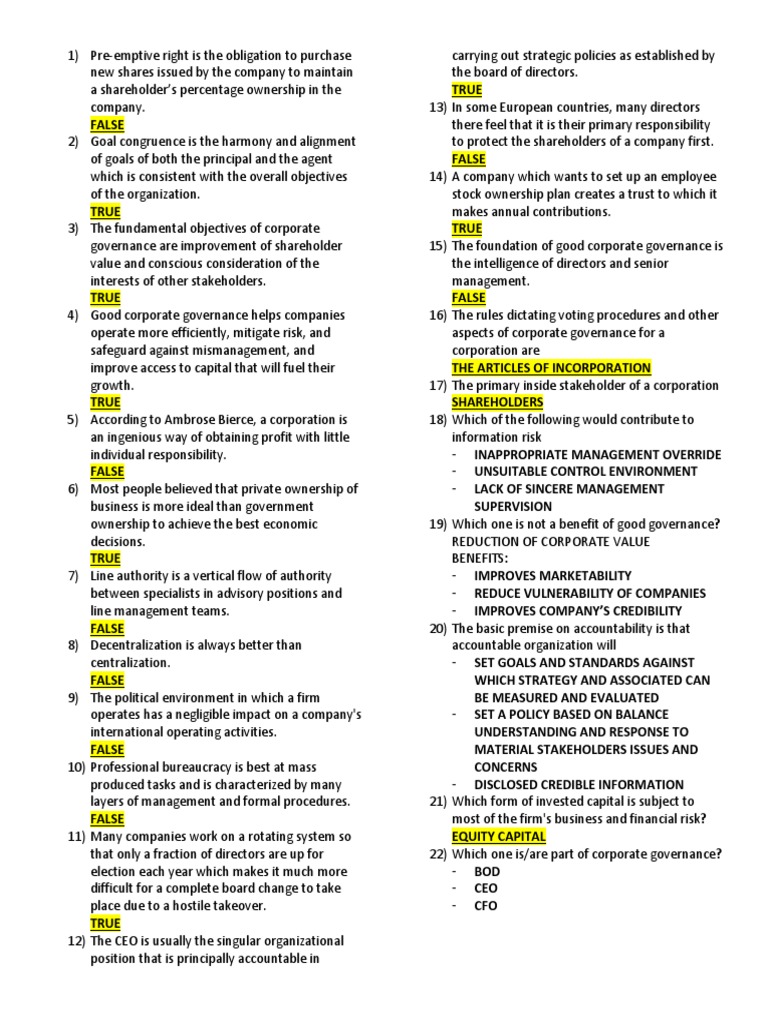Governance Prelim Quiz | PDF | Corporate Governance | Governance
