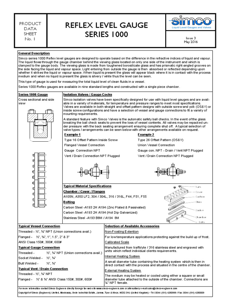 Reflex Level Gauge SERIES 1000: Product Data Sheet No. 1 | PDF | Valve ...