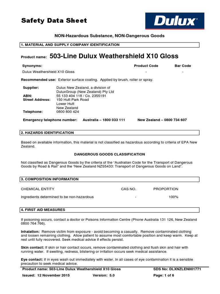 503-Line Dulux Weathershield X10 Gloss: Safety Data Sheet | PDF ...