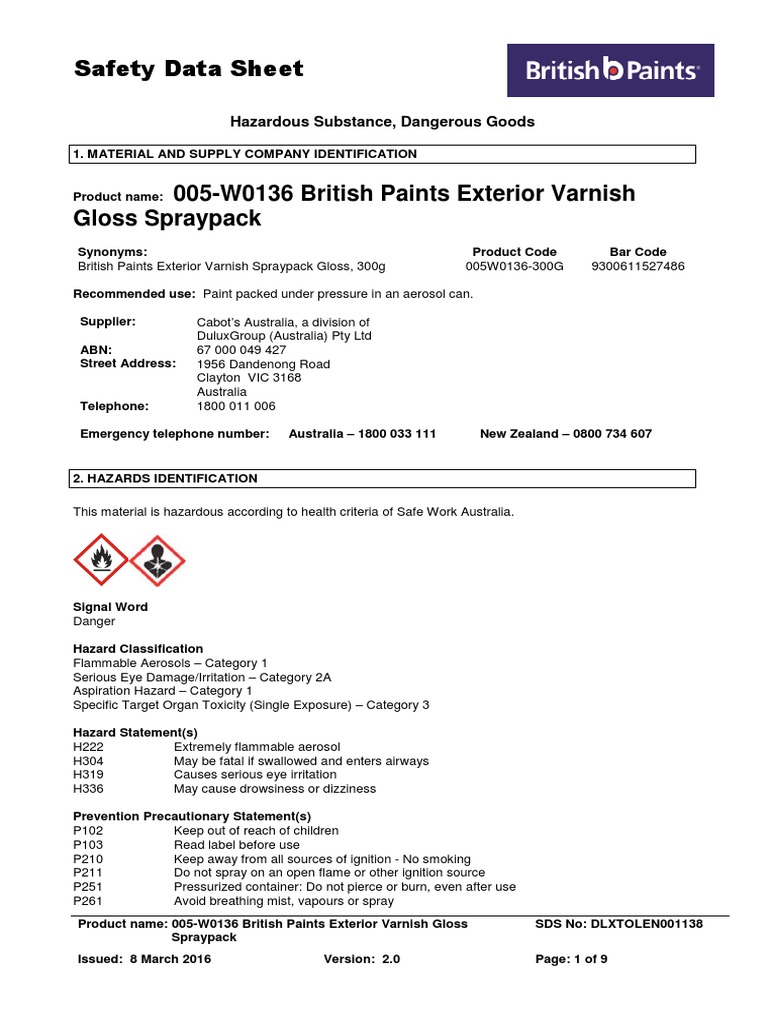 005-W0136 British Paints Exterior Varnish Gloss Spraypack: Safety Data ...