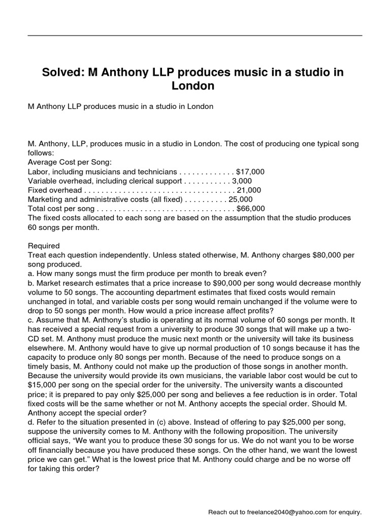M Anthony LLP Produces Music in A Studio in London | PDF | Cost | Pricing