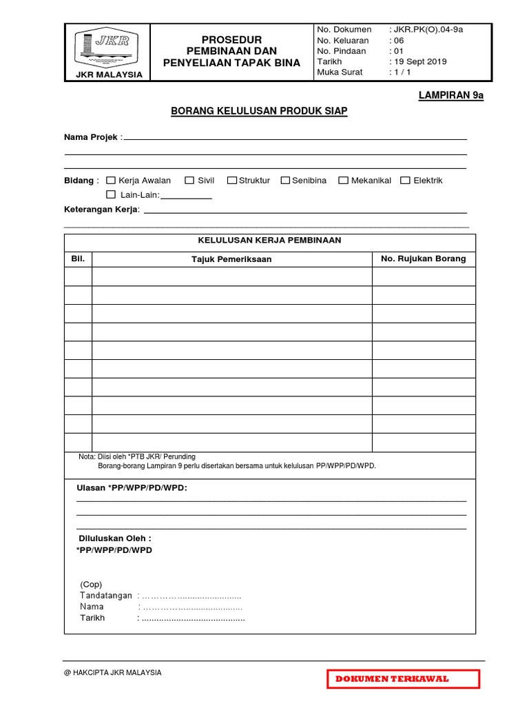 LAMPIRAN 9a - BORANG KELULUSAN PRODUK SIAP - JKR - PK (O) .04-9a - K6P1 | PDF