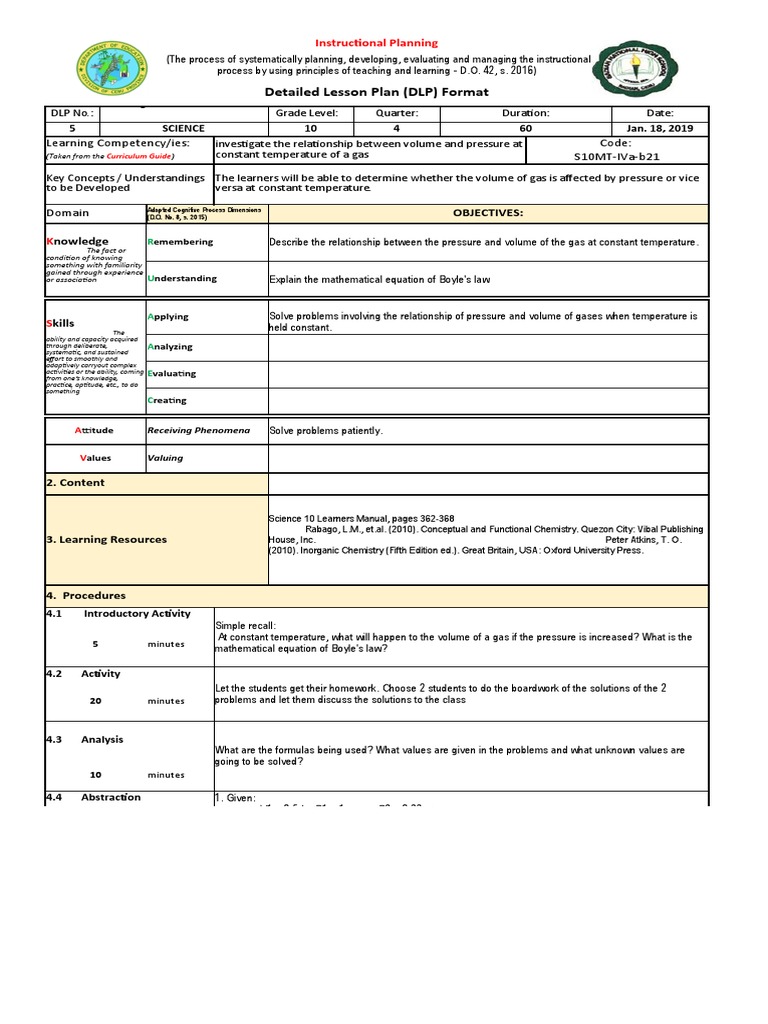 Detailed Lesson Plan (DLP) Format: Learning Competency/Ies: Code: S10Mt-Iva-B21 | PDF | Gases ...