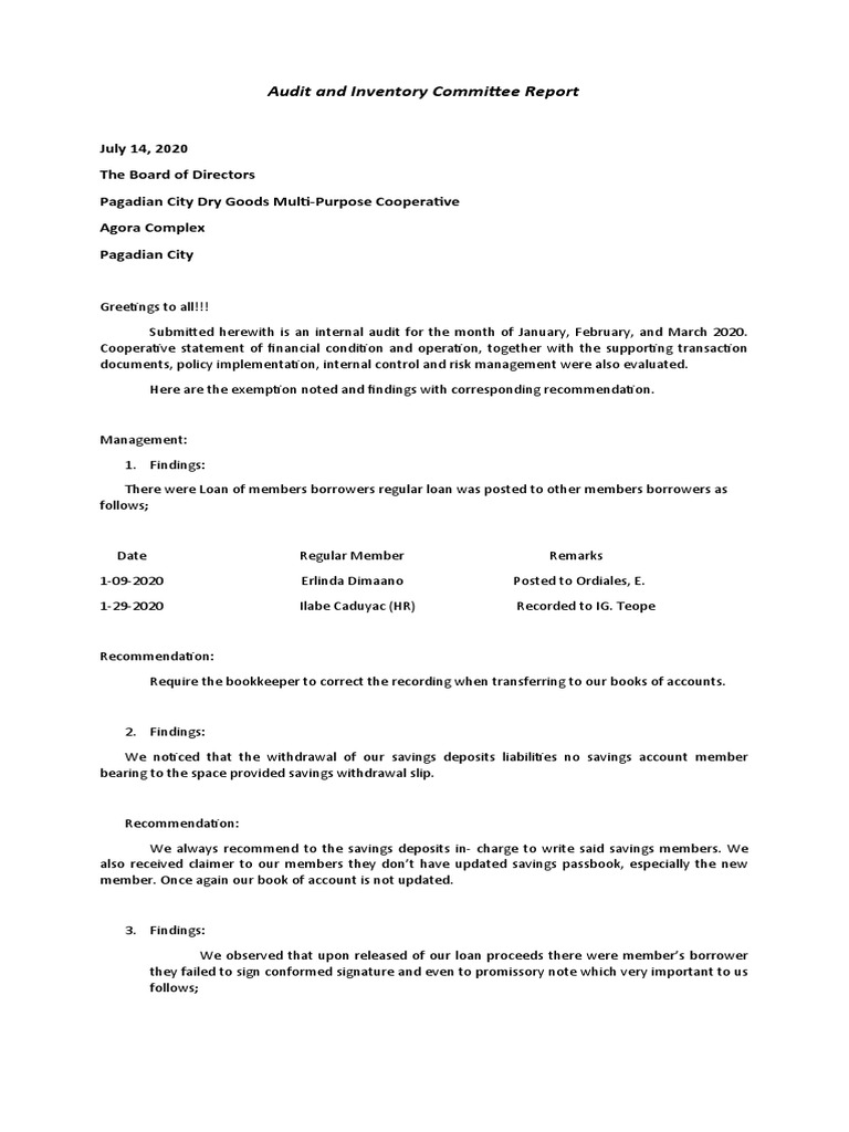 Audit and Inventory Committee Report | PDF | Deposit Account | Bookkeeping