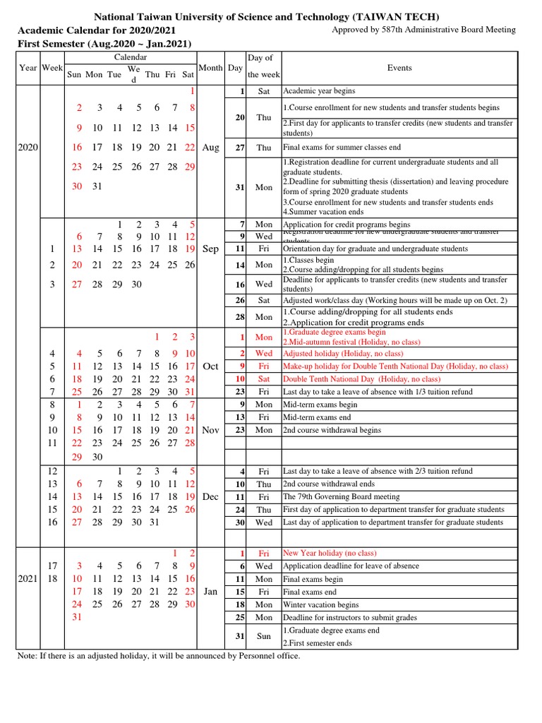 2020/2021 Academic Calendar NTUST | PDF | Academic Term | Thesis